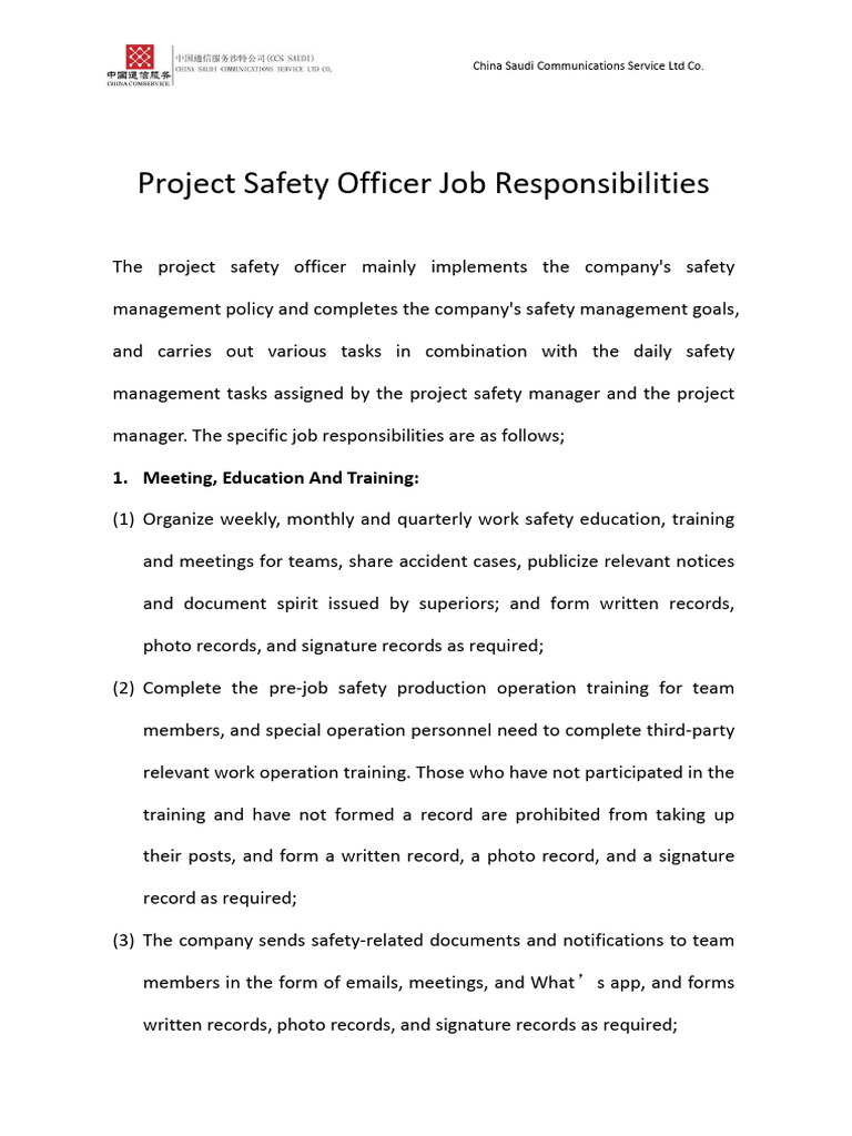 Project Safety Officer Job Responsibilities | PDF | Safety ...