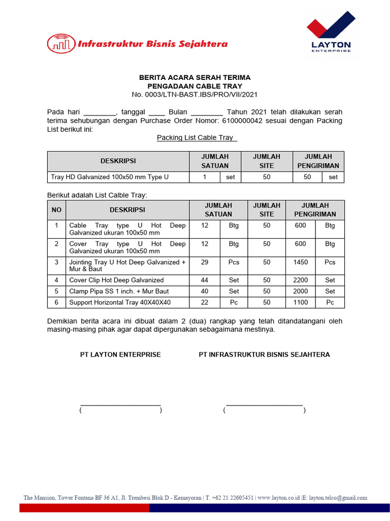 BAST Packing List Layton IBS Cable Tray | PDF