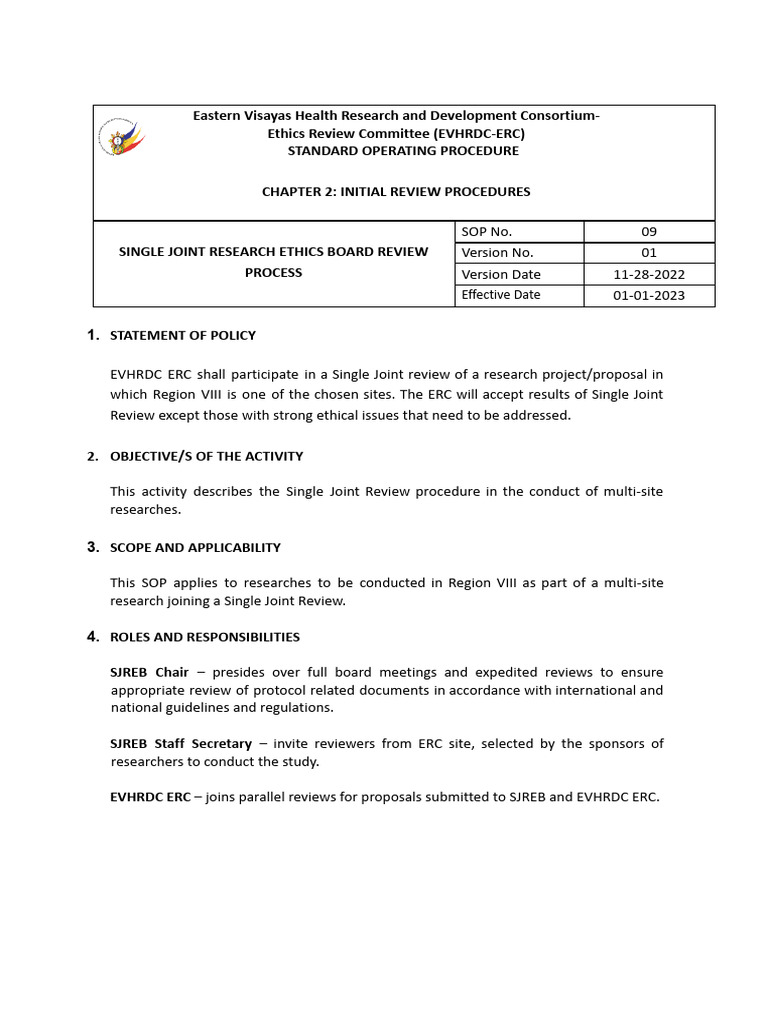 Chapter 2 SOP No. 09 SINGLE JOINT RESEARCH ETHICS BOARD REVIEW PROCESS | PDF | Institutional ...