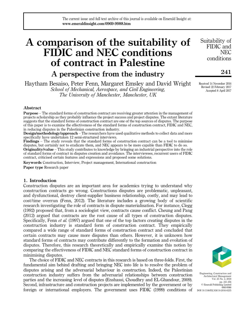A Comparison of Suitability of FIDIC and NEC | PDF | Risk | Employment