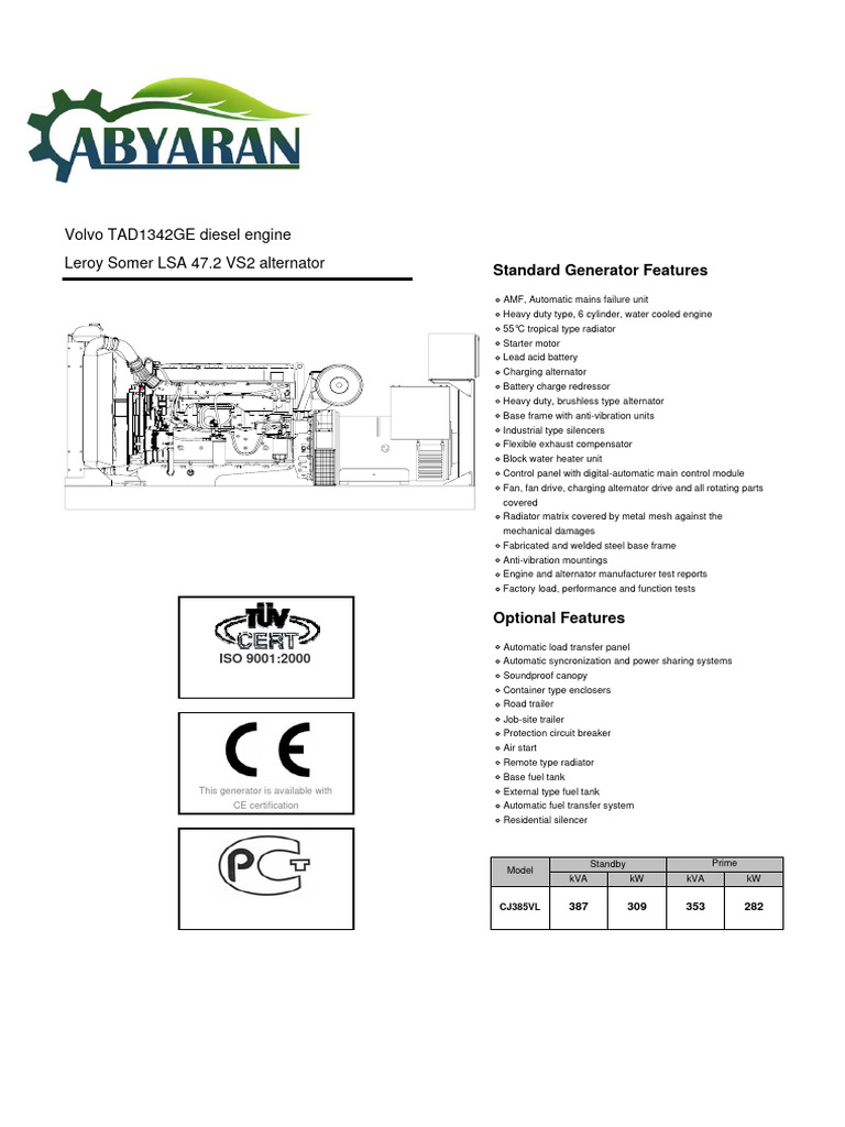 CJ385VL - Volvo TAD1342GE - Leroy Somer LSA 47.2 VS2 - NA - 353 - 387 | PDF | Engines | Diesel ...