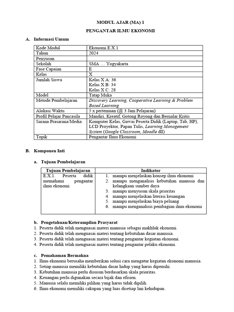 Contoh Modul Ajar Ekonomi Kelas X | PDF
