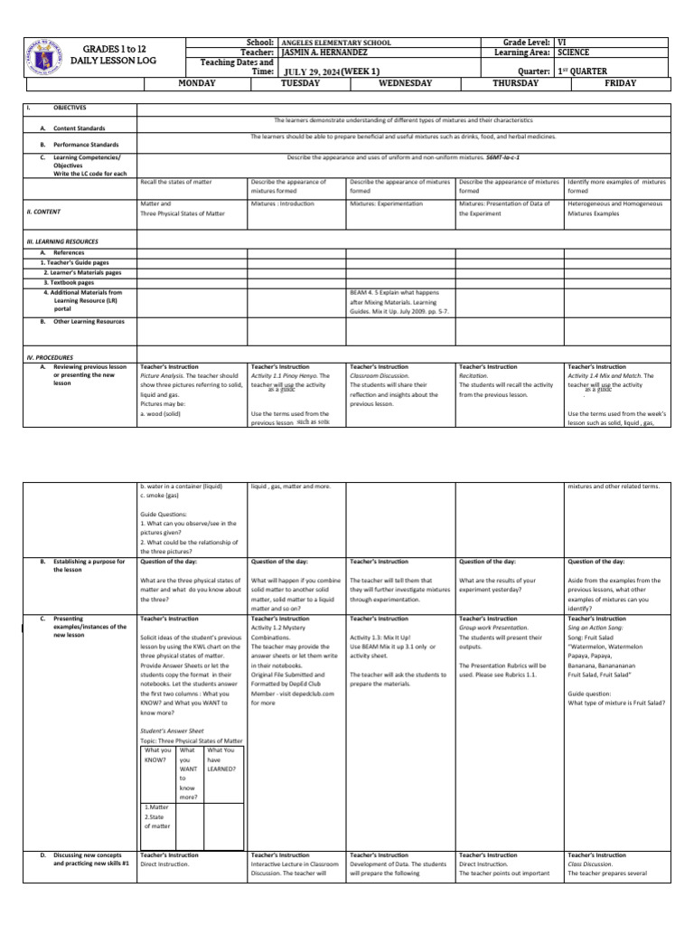 DLL - SCIENCE 6 - Q1 - W1 Appearance and Uses of Uniform and Non-Uniform Mixtures | PDF ...
