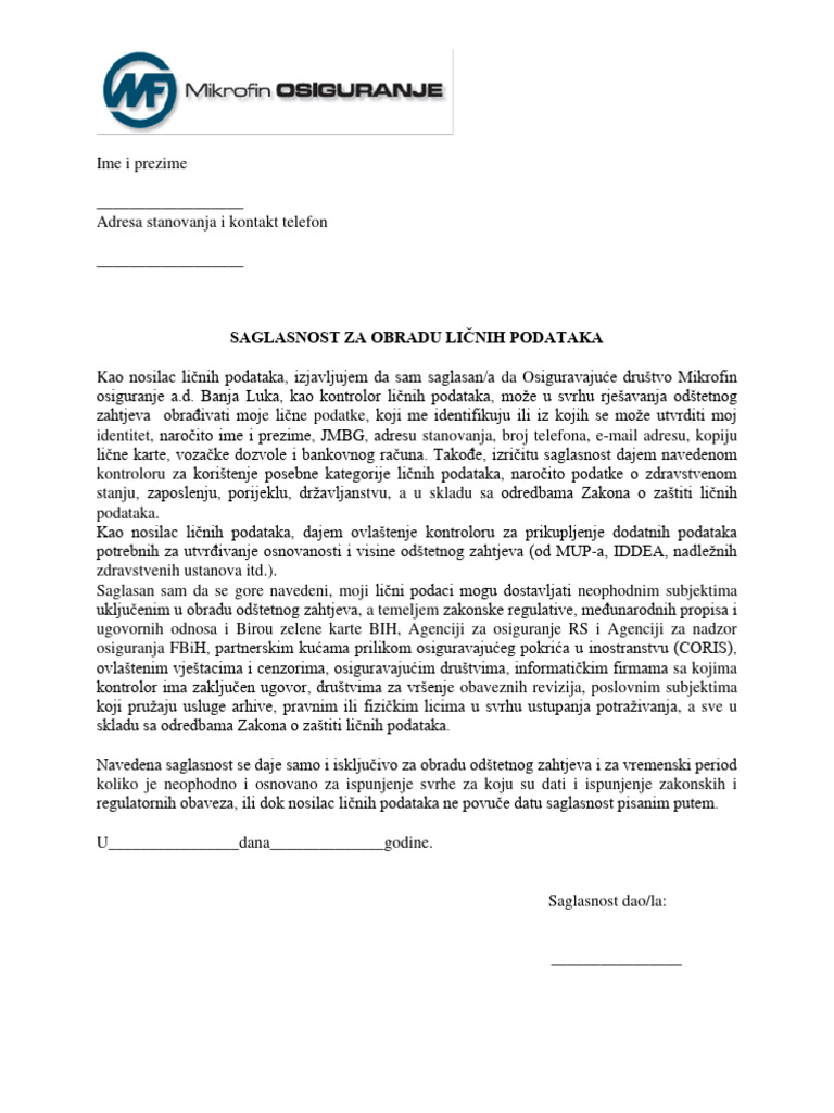 Saglasnost Za Obradu Ličnih Podataka Štete | PDF