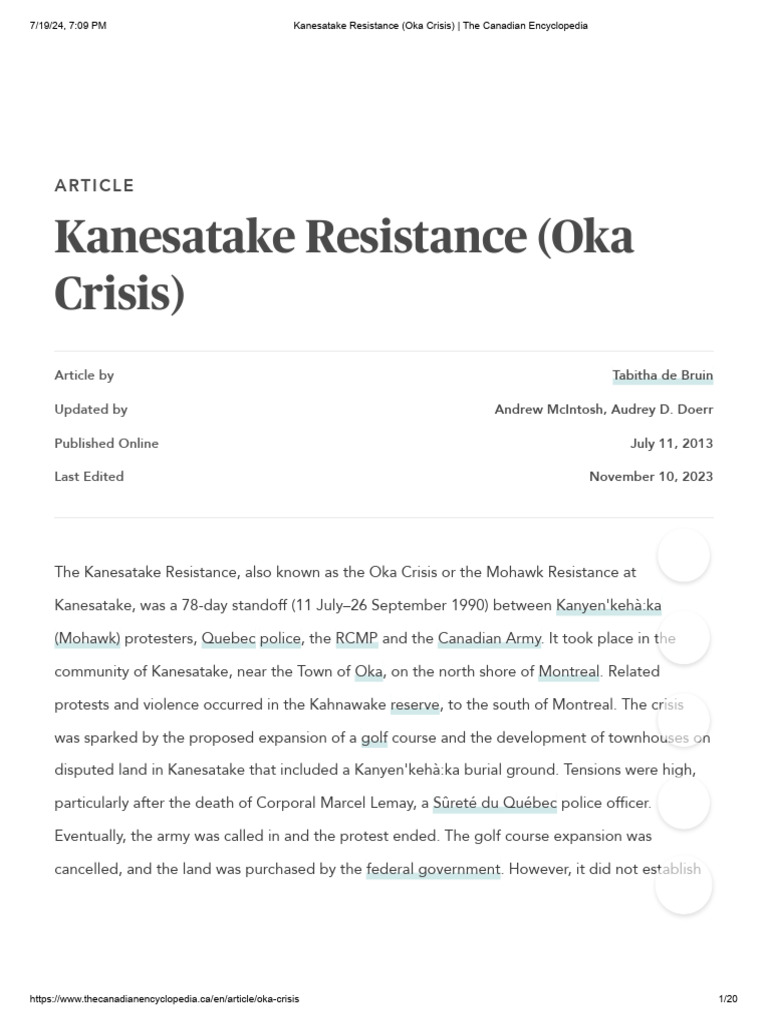 Kanesatake Resistance (Oka Crisis) - The Canadian Encyclopedia | PDF ...