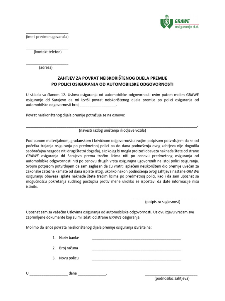 Zahtjev Povrat AO - 2020 | PDF