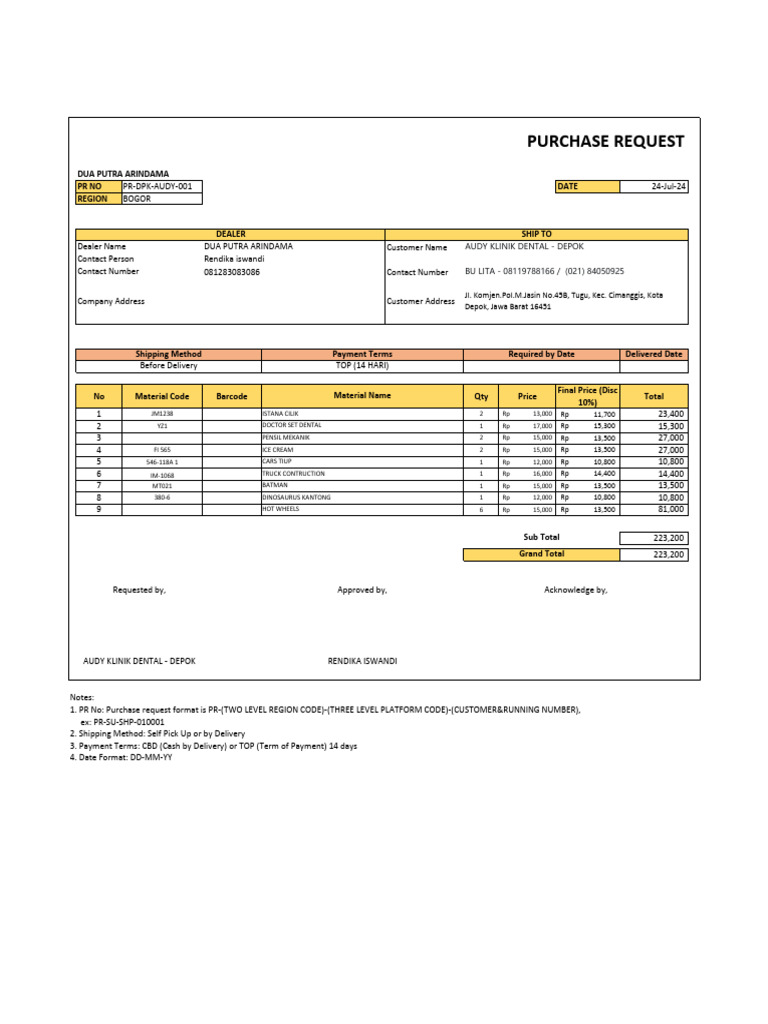 Purchase Request Template - AUDY DEPOK Kekurangan | PDF
