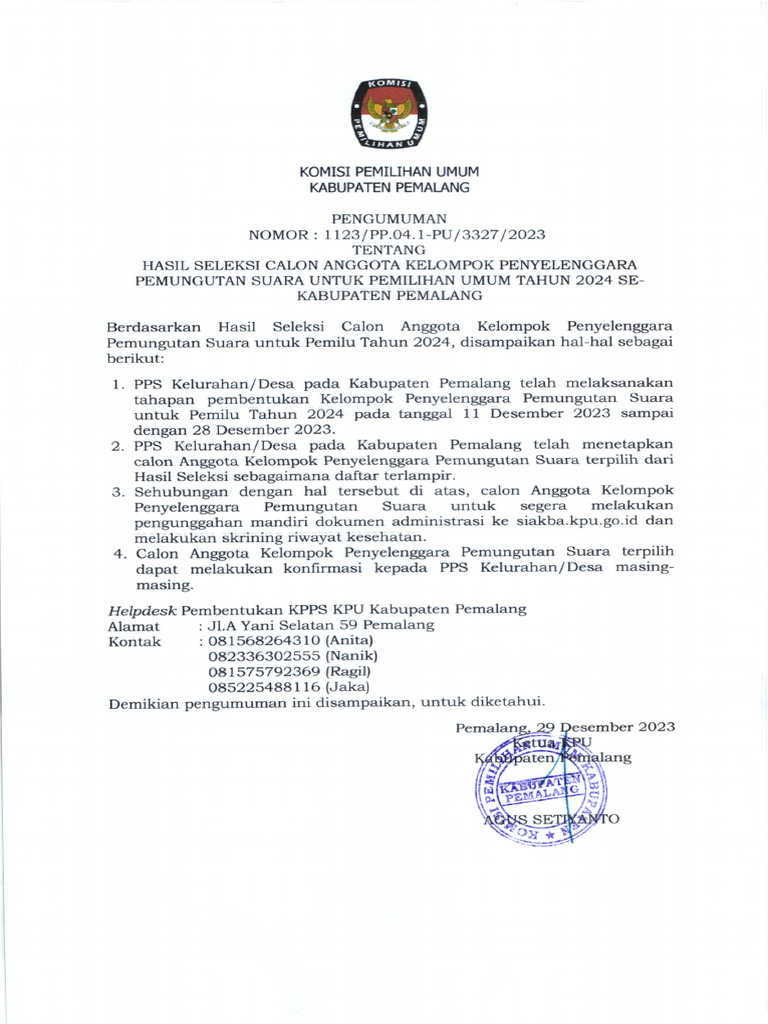 Penetapan KPPS Pemilu Tahun 2024 Kec PTR | PDF