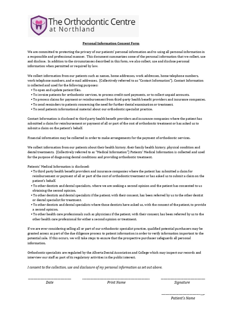 Personal Information Consent Form | PDF | Dentist | Informed Consent