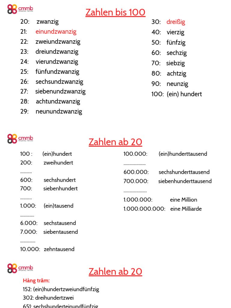 Einundzwanzig Dreißig: Zahlen Bis 100 | PDF