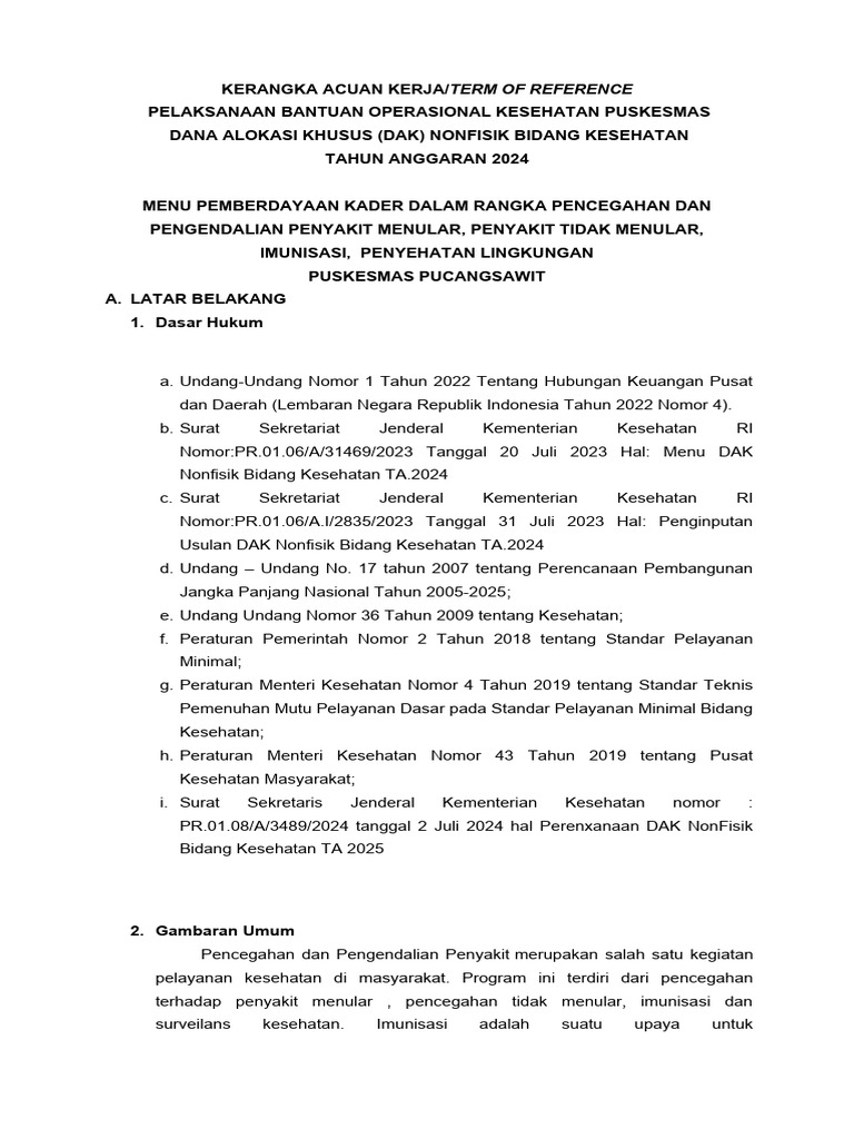 Tor Menu Pemberdayaan Kader Dalam Rangka Pencegahan Dan Pengendalian Penyakit Menular, Penyakit ...