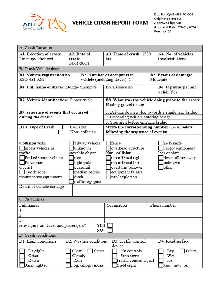 Vehicle crash report- QMS-HSE-FO-008 | PDF | Road | Traffic