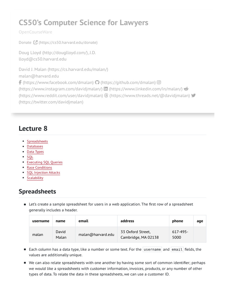 Lecture 8 - CS50's Computer Science For Lawyers | PDF | Databases | Table (Database)