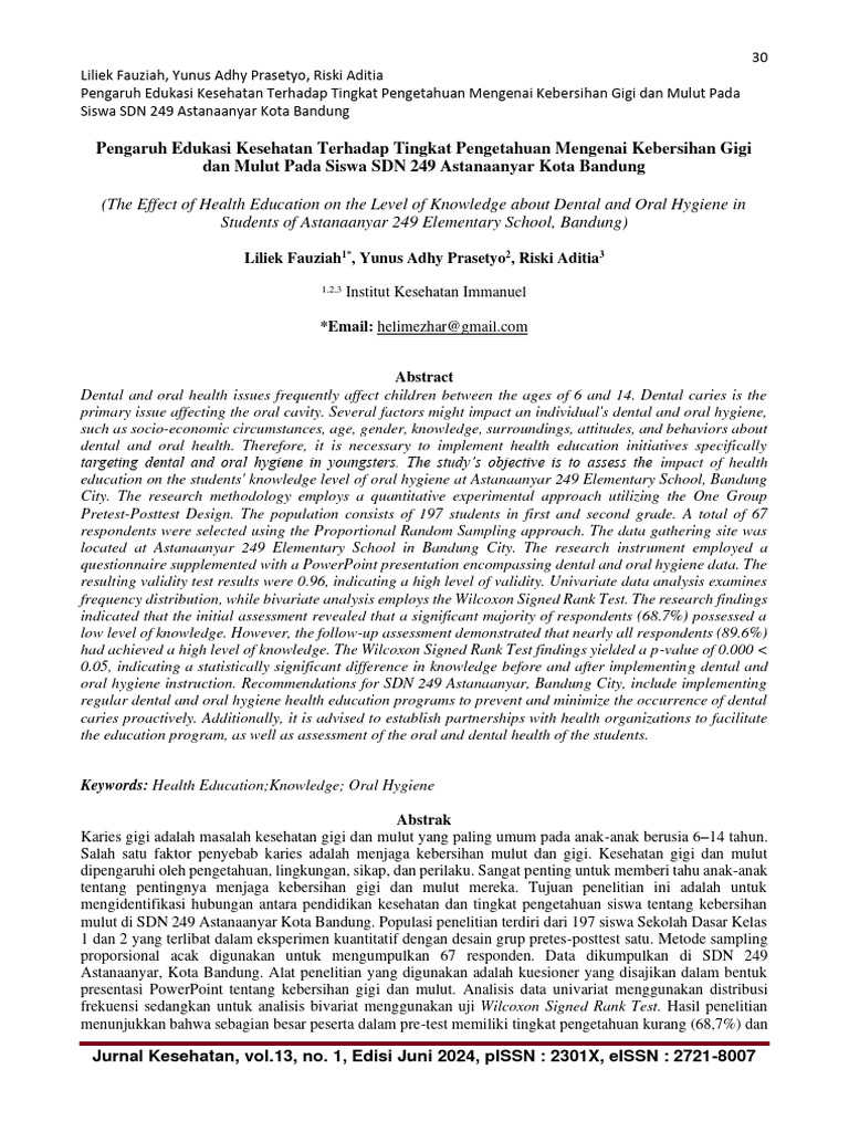 Pengaruh Edukasi Kesehatan Terhadap Tingkat Pengetahuan Mengenai Kebersihan Gigi Dan Mulut Pada ...