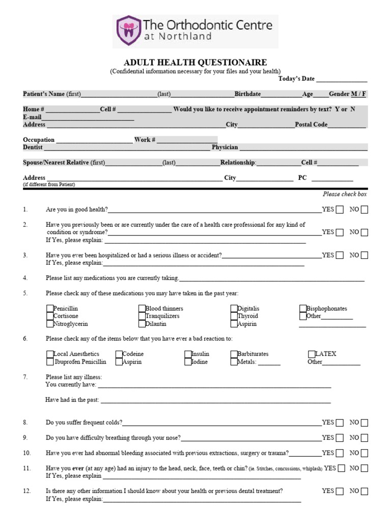 Adult Health Questionnaire Form | PDF | Causes Of Death | Health Sciences
