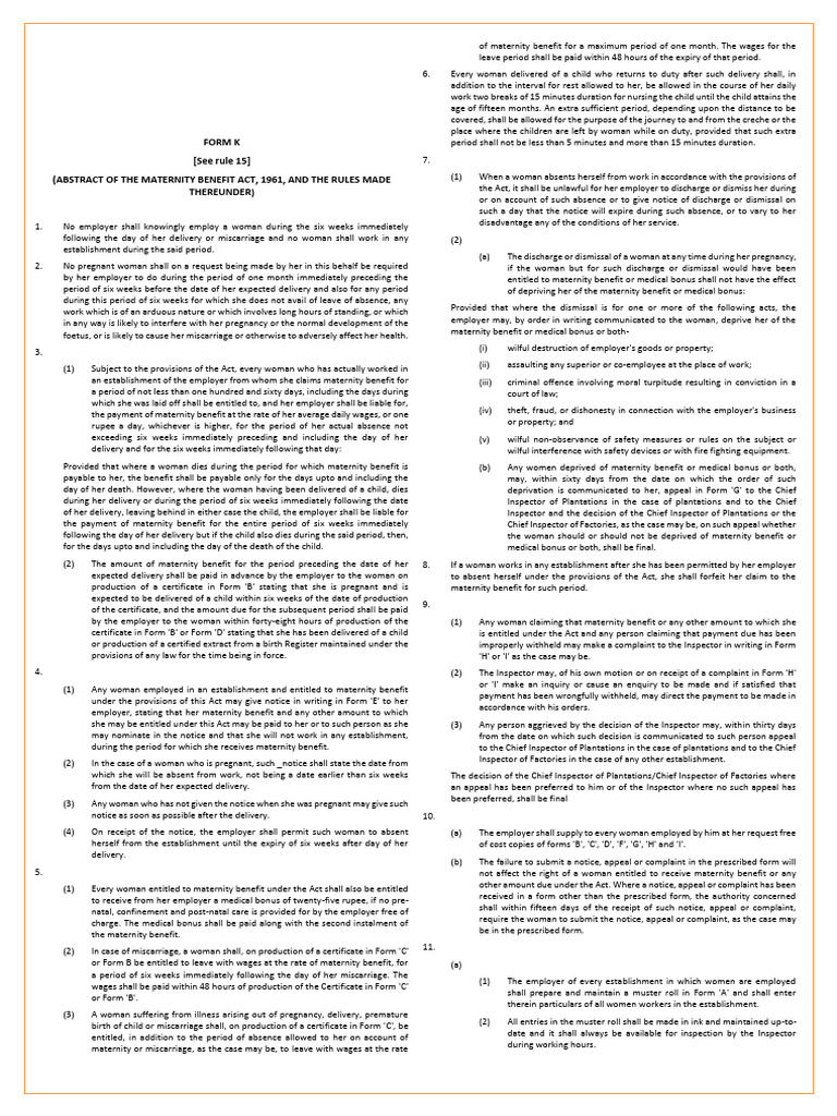FORM K Abstract Under Maternity Benefit Act, 1961 (English Version) | PDF | Employment | Miscarriage