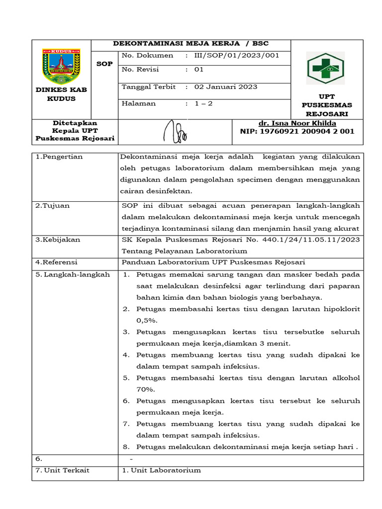 Sop Dekontaminasi Meja Kerja BSC | PDF