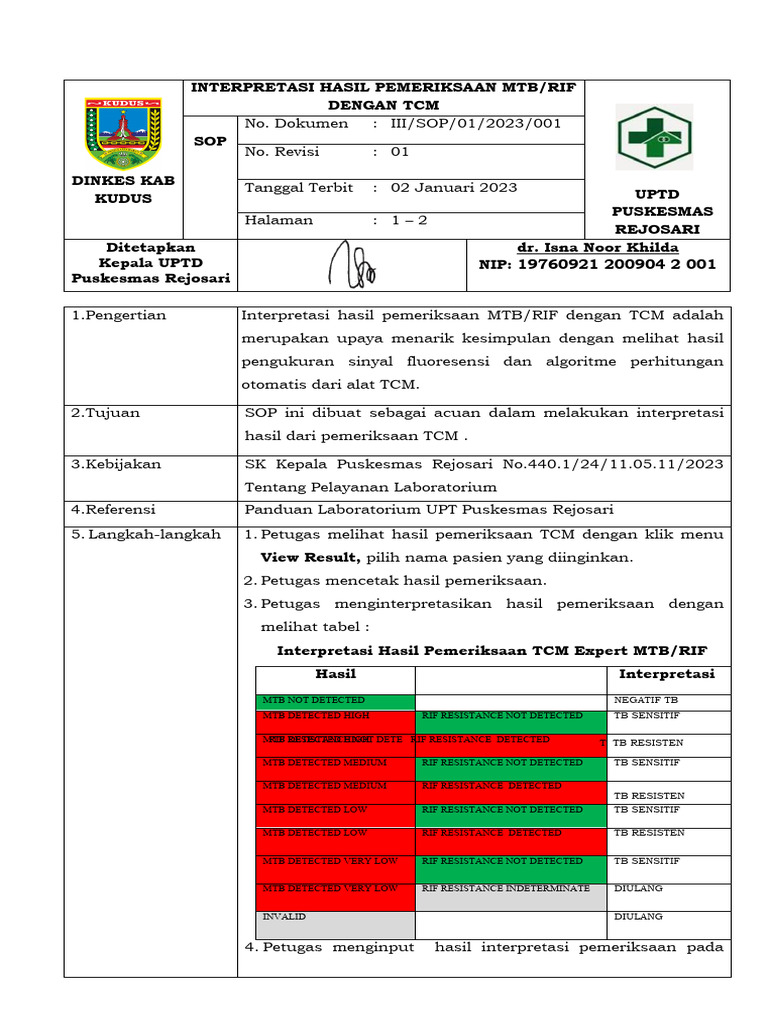 Sop Interpretasi Hasil Pemeriksaan TCM | PDF