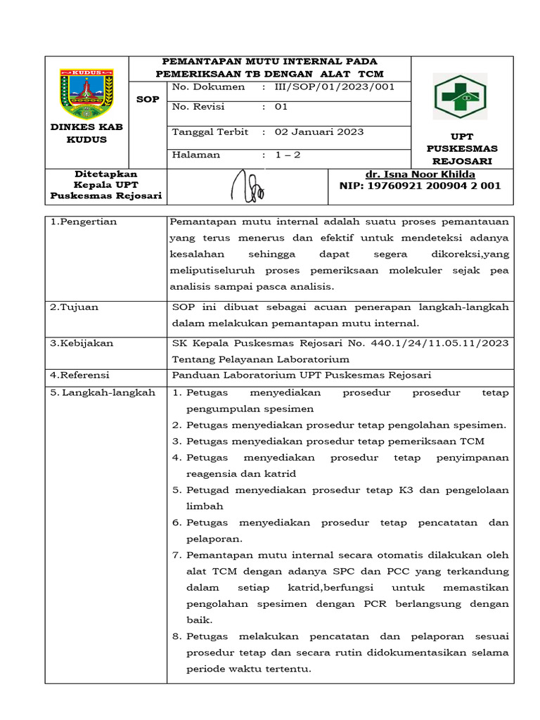 SOP PEMANTAPAN MUTU INTERNAL PEMERIKSAAN TB DENGAN ALAT TCM | PDF