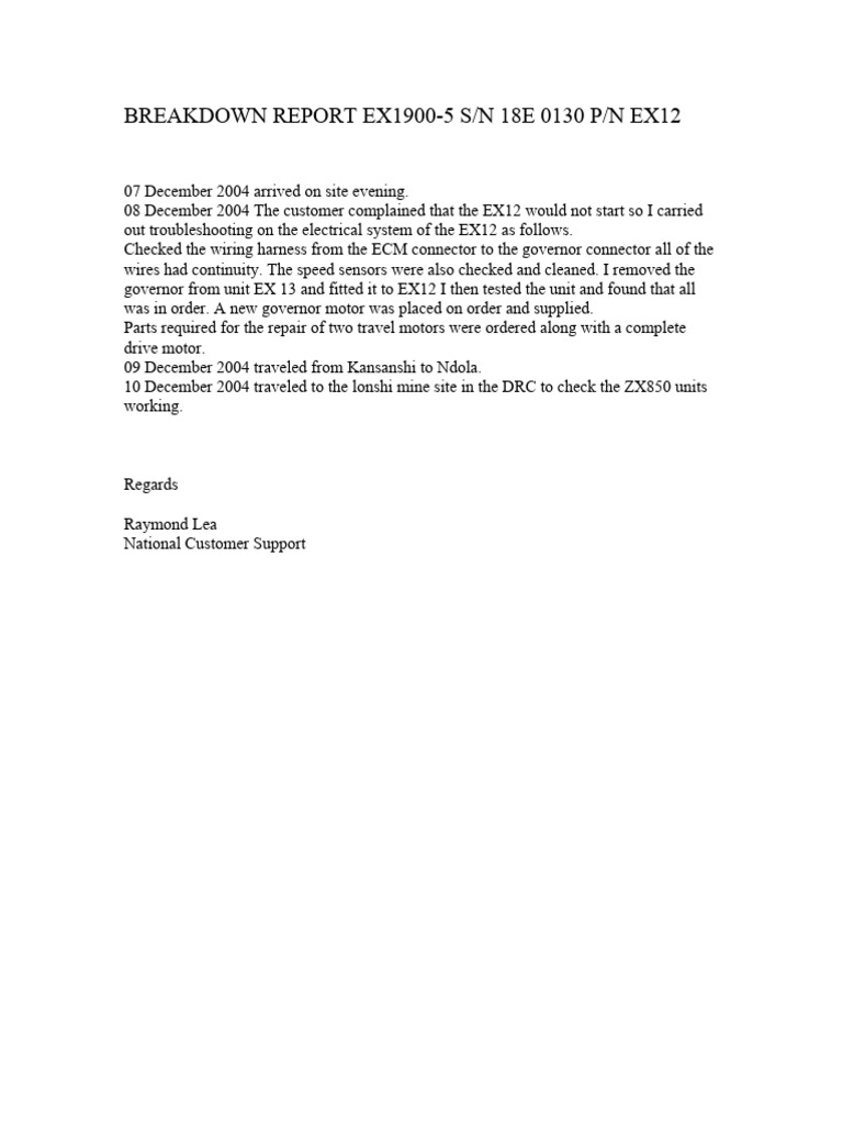 Breakdown Report Ex1900 | PDF