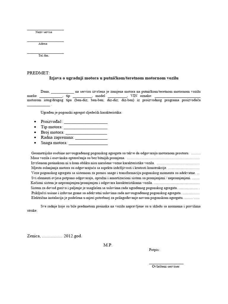 Izjava Servisera Motor | PDF