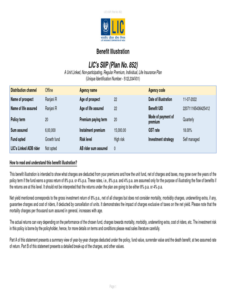 LIC SIIP Plan 852 Benefit Illustration | PDF | Insurance | Private Sector