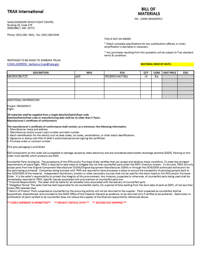 TRAX International Bill of Materials: E-MAIL ADDRESS: Barbara.a.truax ...