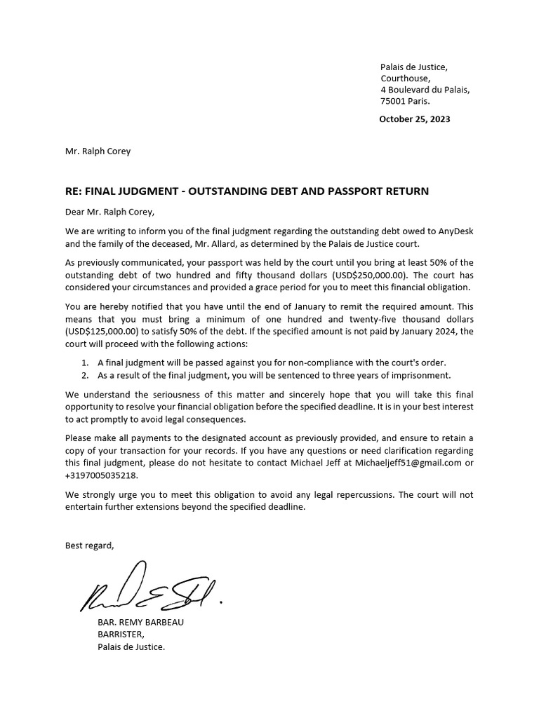 Final Judgment on Outstanding Debt Notice | PDF | Law