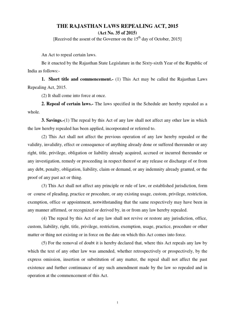 The Rajasthan Laws Repealing Act, 2015 | PDF | Taxes | Government