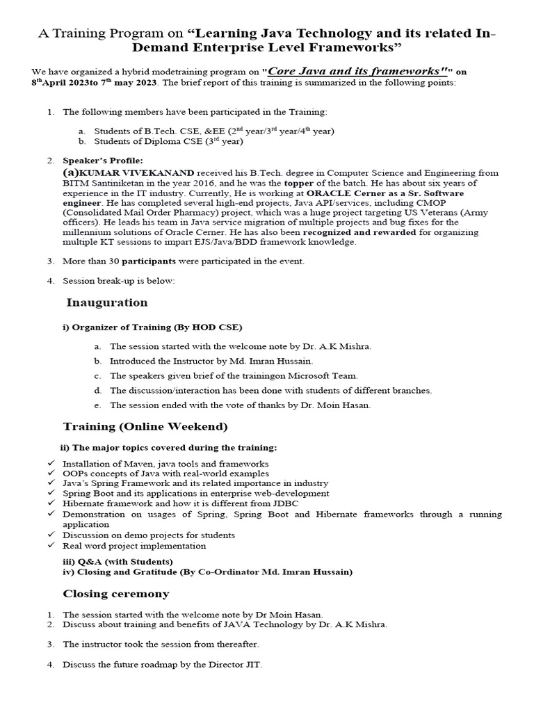 Report For Java Training | PDF | Information Technology | Computer Science