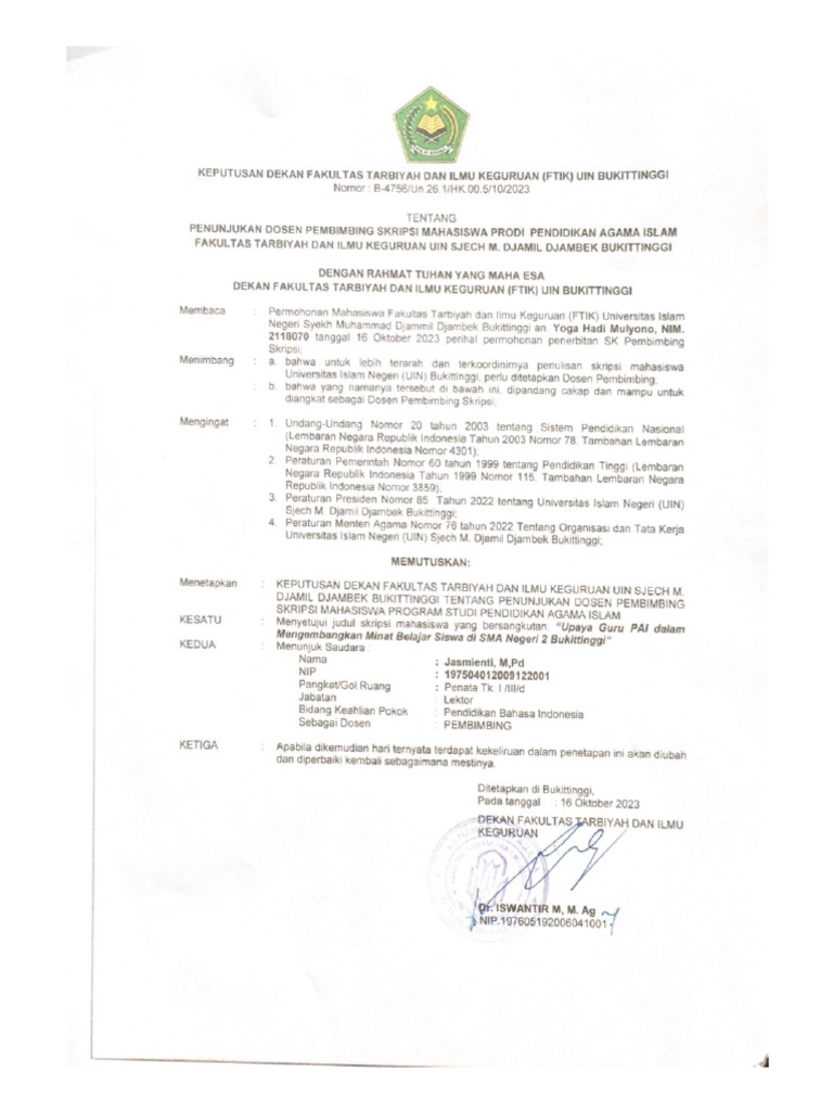 SK Pembimbing Yoga Hadi Mulyono | PDF