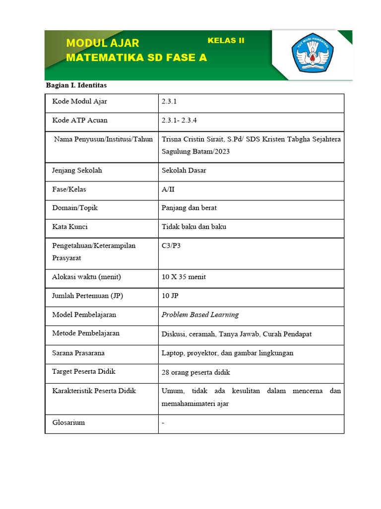 Modul Ajar Matematika - Berat Dan Panjang - Fase A | PDF | Karier & Perkembangan | Sains ...