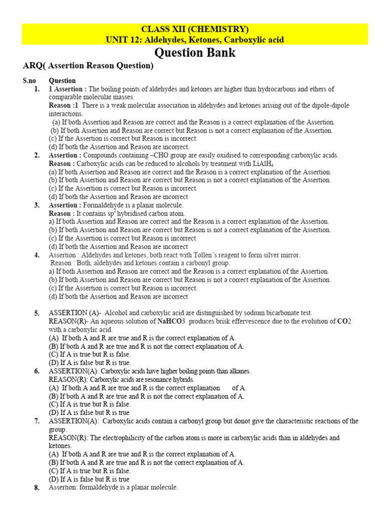 12 - Assertion Reason - Aldehydes Ketones Carboxylic Acids | PDF | Aldehyde | Ketone