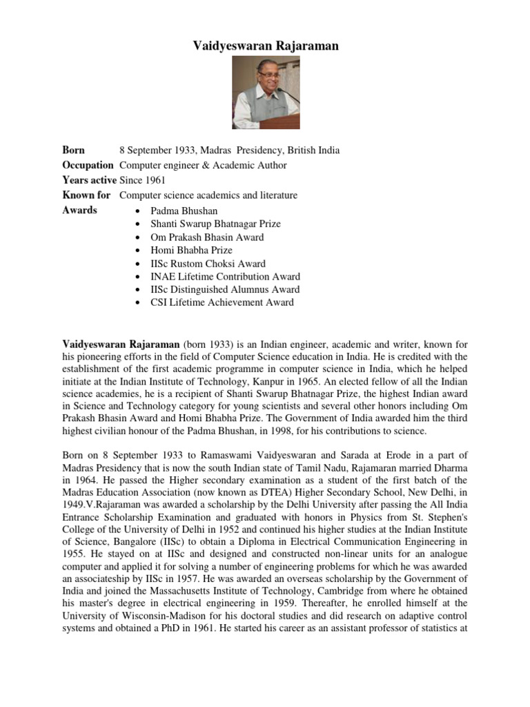 Vaidyeswaran Rajaraman | PDF | Engineering | Computing