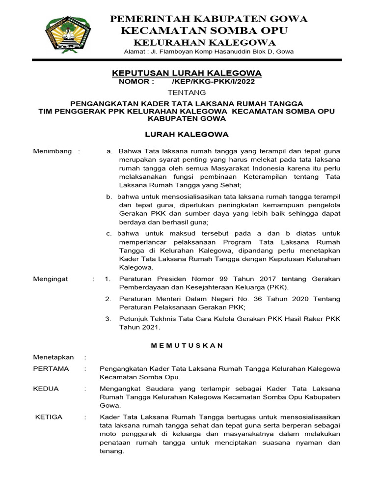 Pengangkatan Kader Tata Laksana Rumah Tangga | PDF