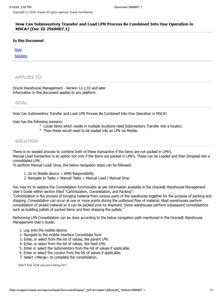 How Can Subinventory Transfer and Load LPN Process Be Combined Into One ...