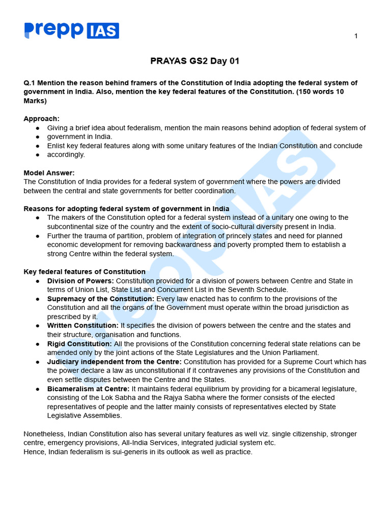 PRAYAS GS2 Day 01 Model Answers | PDF | Government | Legal Documents