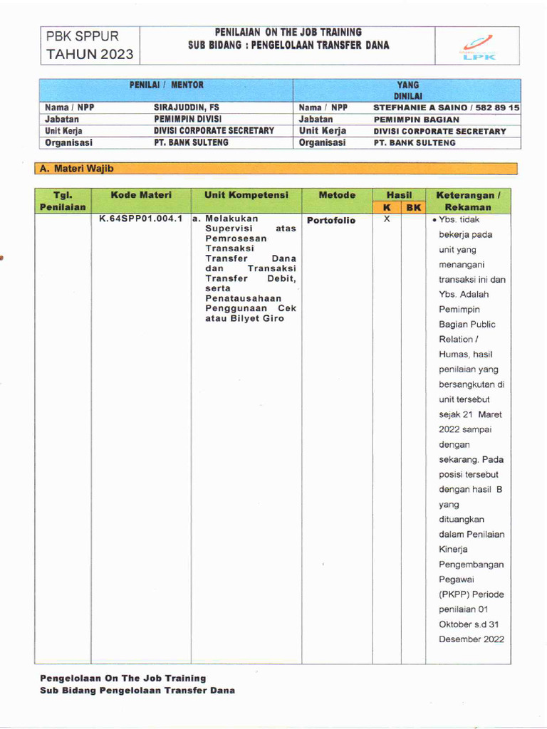 Form Ojt Pengelolaan Transfer Dana | PDF