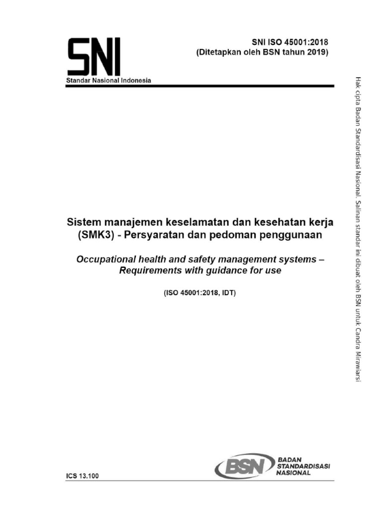 Standar Sni Iso 45001-2018 Smk3 | PDF