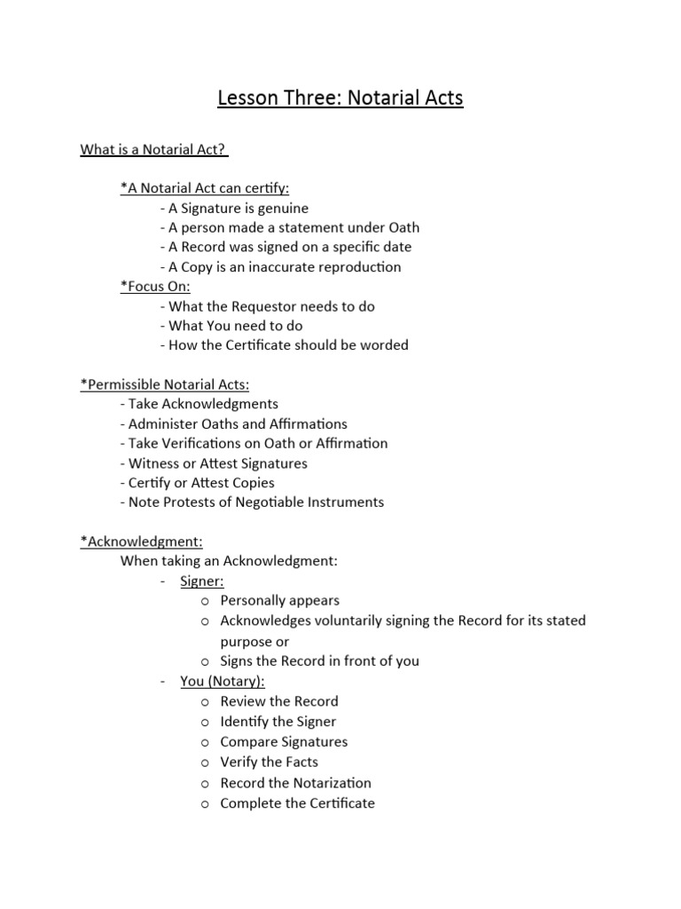 Lesson Three - Notarial Acts | PDF | Notary Public | Signature