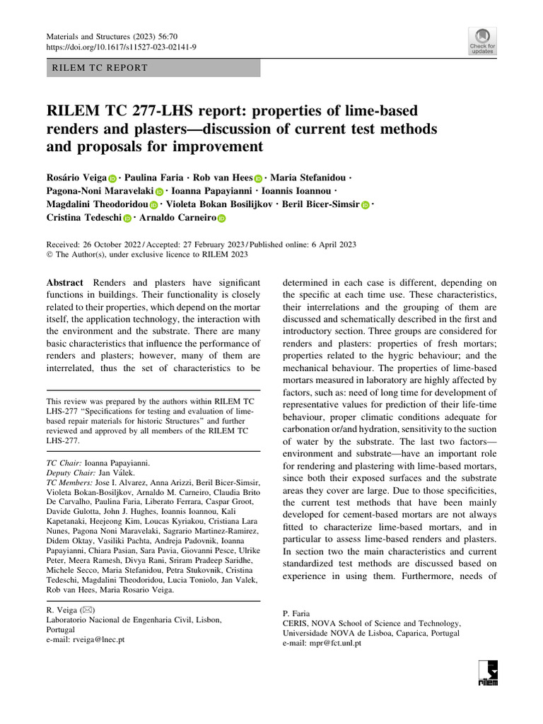 RILEM TC 277 LHS Properties Lime Based Renders Tests | PDF | Mortar ...