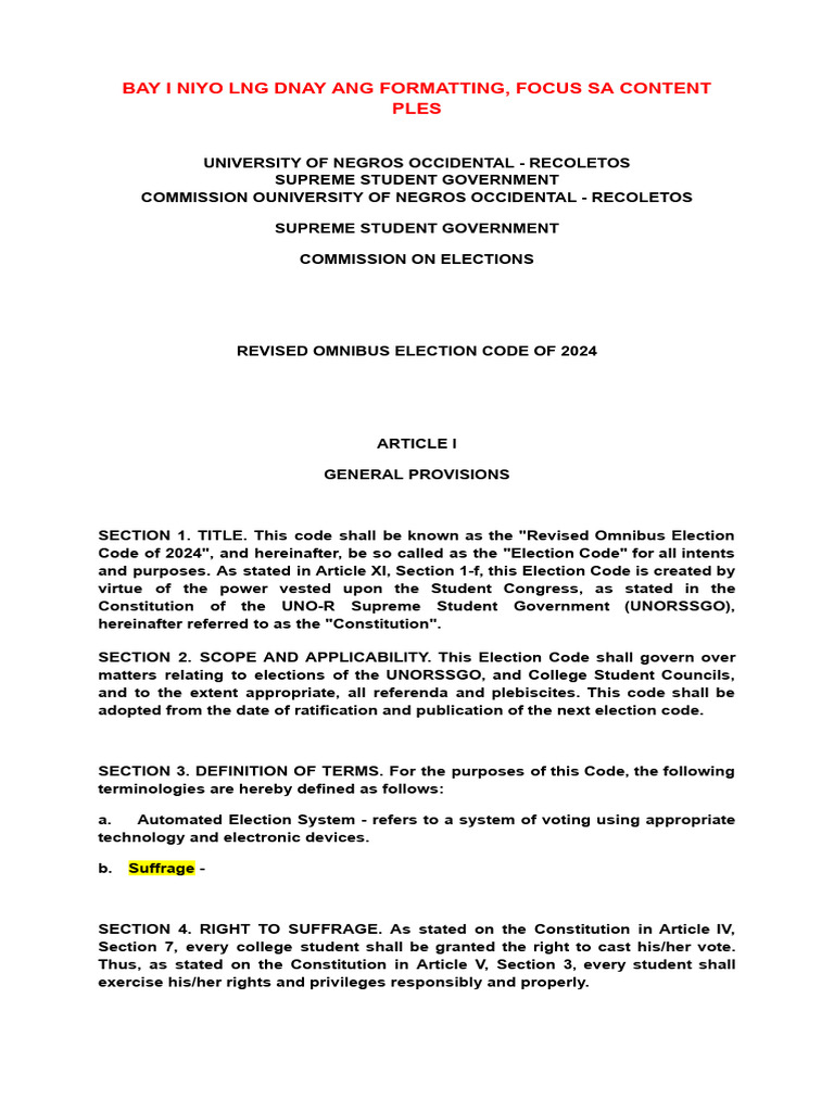 Revised Omnibus Election Code of 2024 | PDF | Commission On Elections ...