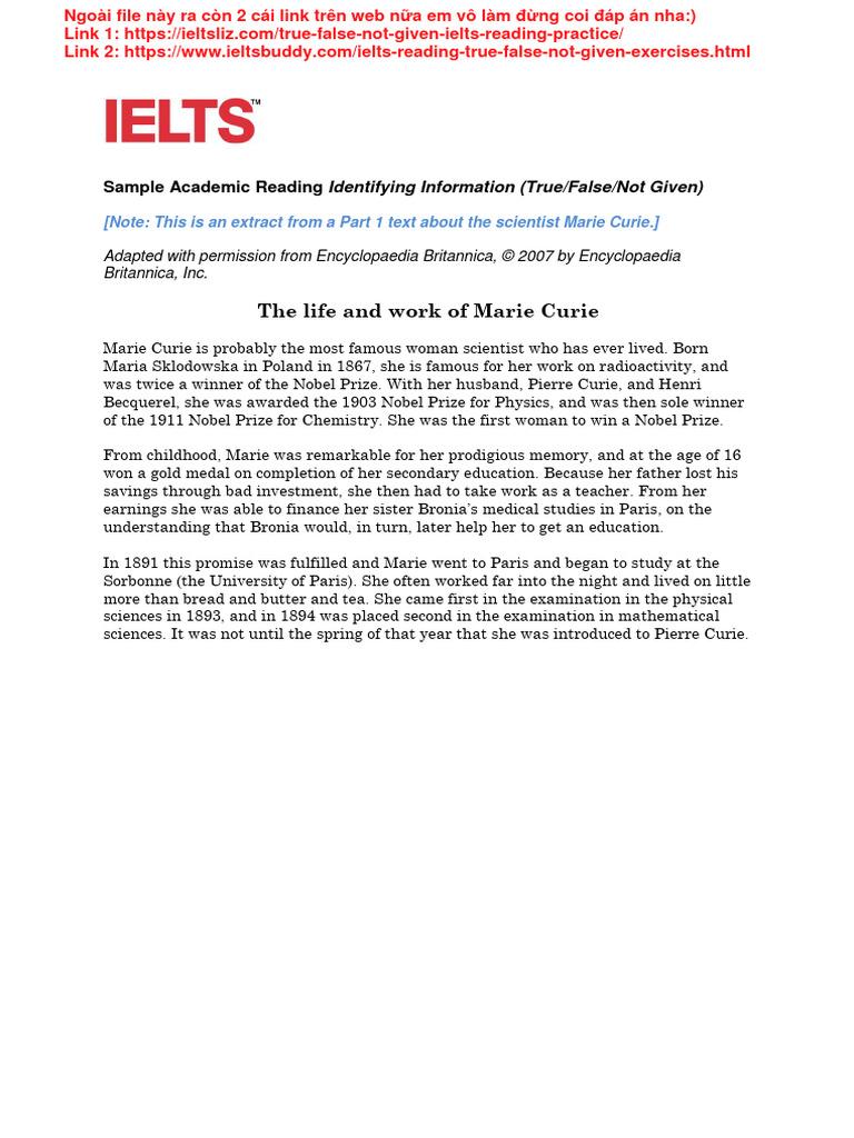 IELTS Reading True False Not Given Tests | PDF | Marie Curie