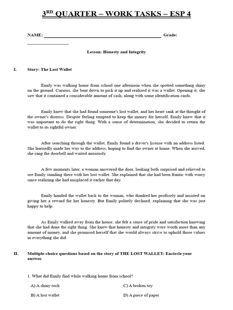 Work Tasks For 4th Grader ESP | PDF