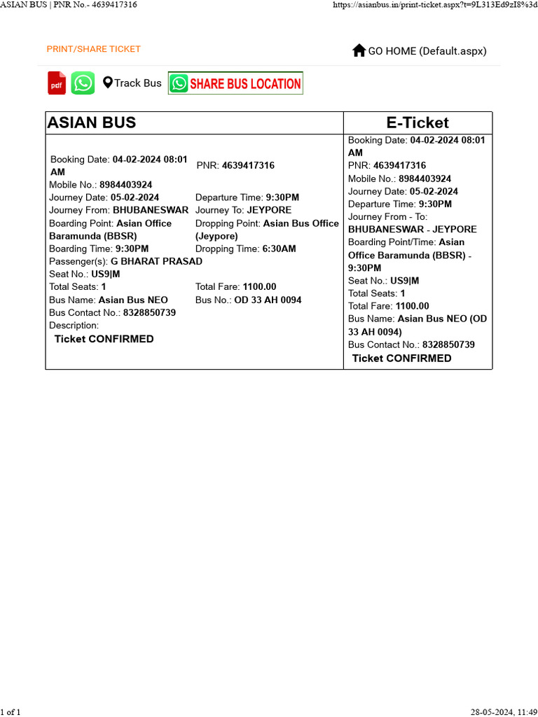 ASIAN BUS PNR No. - 4639417316 | PDF | Transport | Land Transport