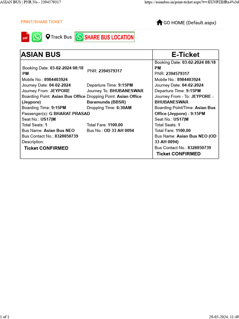 Asian Bus E-Ticket Confirmation | PDF