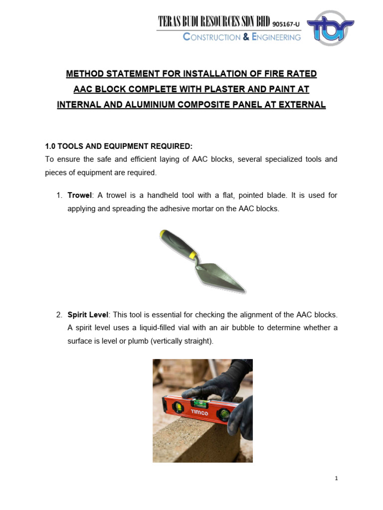 (A3) 8. MOS Installation of AAC Fire Rated Block | PDF | Personal Protective Equipment | Mortar ...