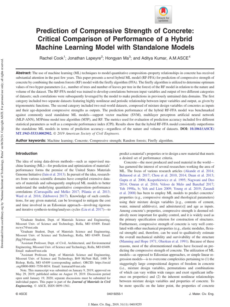 Cook Et Al 2019 Prediction of Compressive Strength of Concrete Critical Comparison of ...