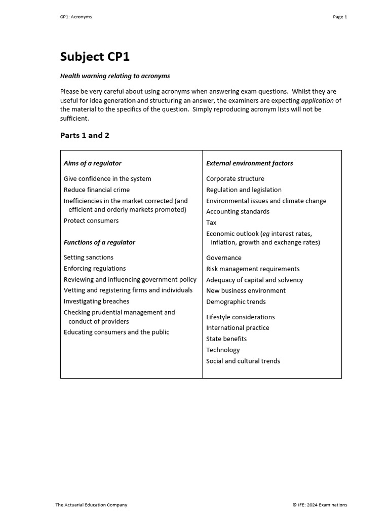 CP1 Acronyms 2024 | PDF | Risk | Actuarial Science