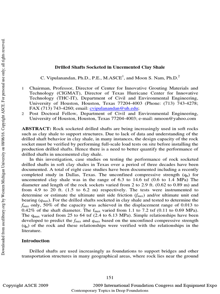 Drilled Shafts Socketed in Uncemented Clay Shale | PDF | Deep Foundation | Shale